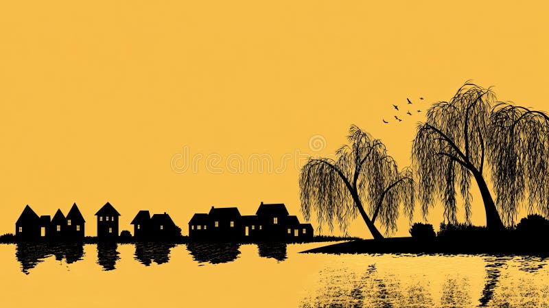Lakeside Town with Willow Trees on Mustard Background Illustration ...