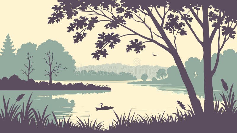 Lakeside View with Trees and Calm Water, Serene Nature Vector Design ...