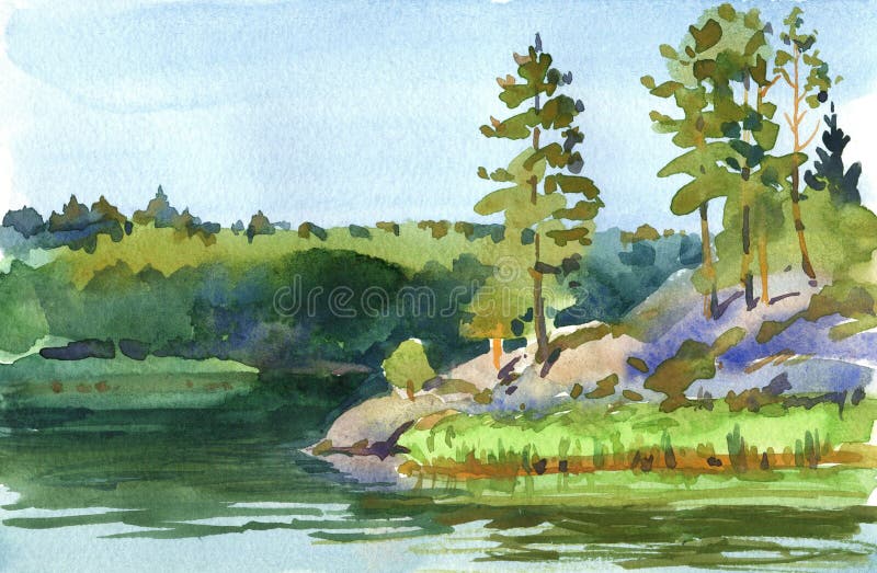 Lakeside stock illustration. Illustration of trees, nature - 43913004