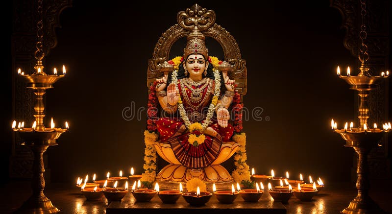 Lakshmi Devi Idol Surrounded by Diyas in a Divine Atmosphere Stock ...