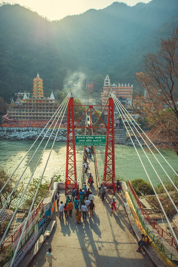 Laksman Jhula Bridge at Sunrise Time Across the Ganges River Editorial ...