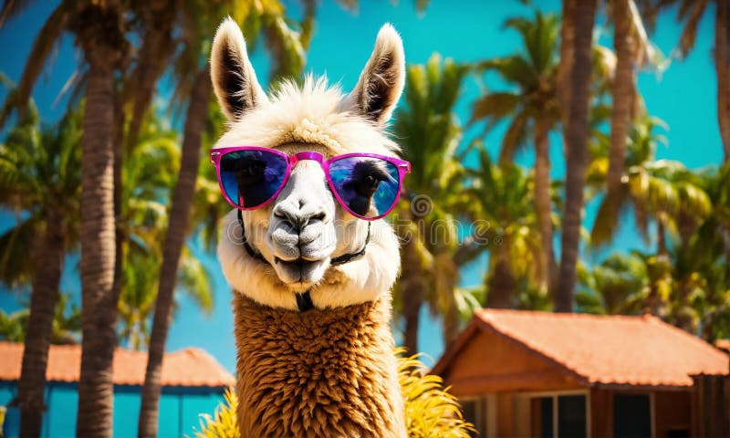 Lama with Glasses on a Background of Palm Trees. Selective Focus Stock ...