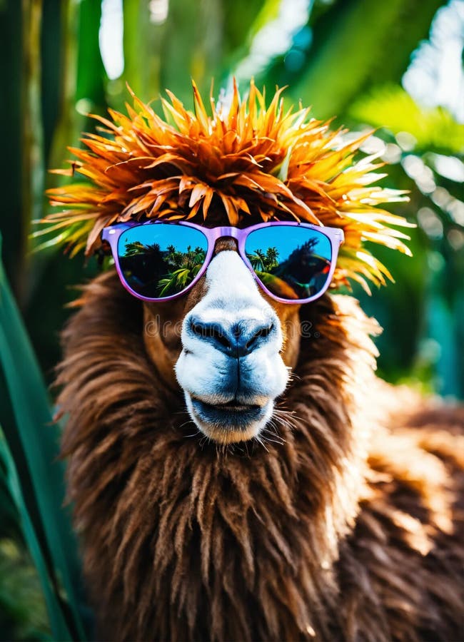 Lama with Glasses on a Background of Palm Trees. Selective Focus Stock ...