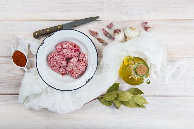 Lamb Brains and Ingredients for Cooking Them Stock Image - Image of ...