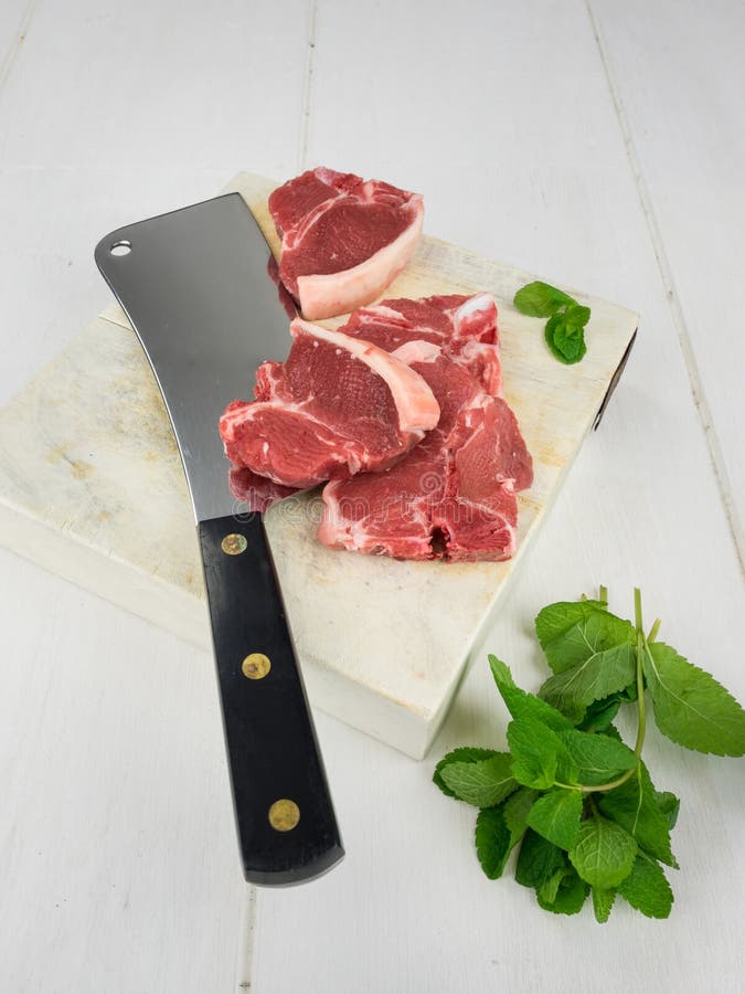 Lamb Chops with Fresh Mint and Meat Cleaver Stock Image - Image of ...