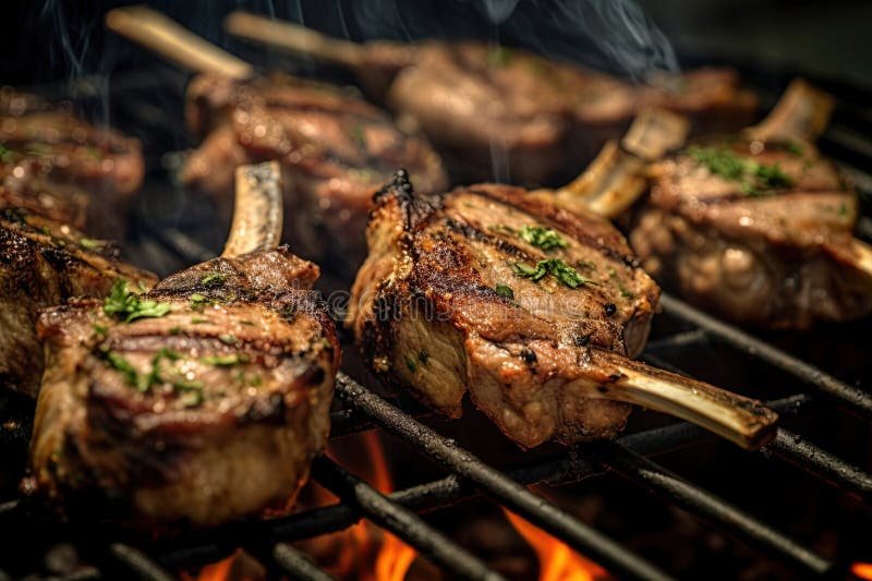 Lamb Chops Grilled on Barbecue Over the Fire. Generative Ai Image Stock ...