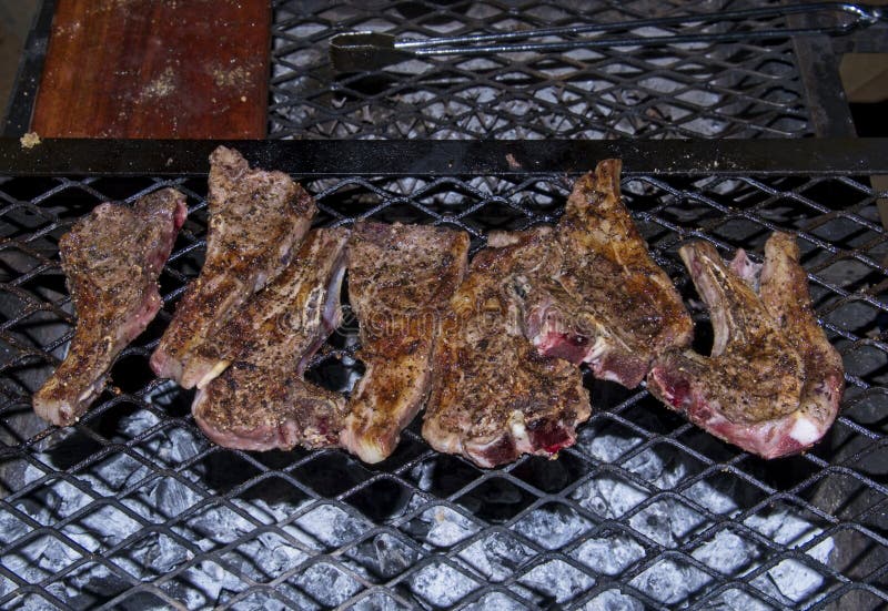 Lamb Chops Grilling on Charcoal Fire Stock Photo - Image of charcoal ...