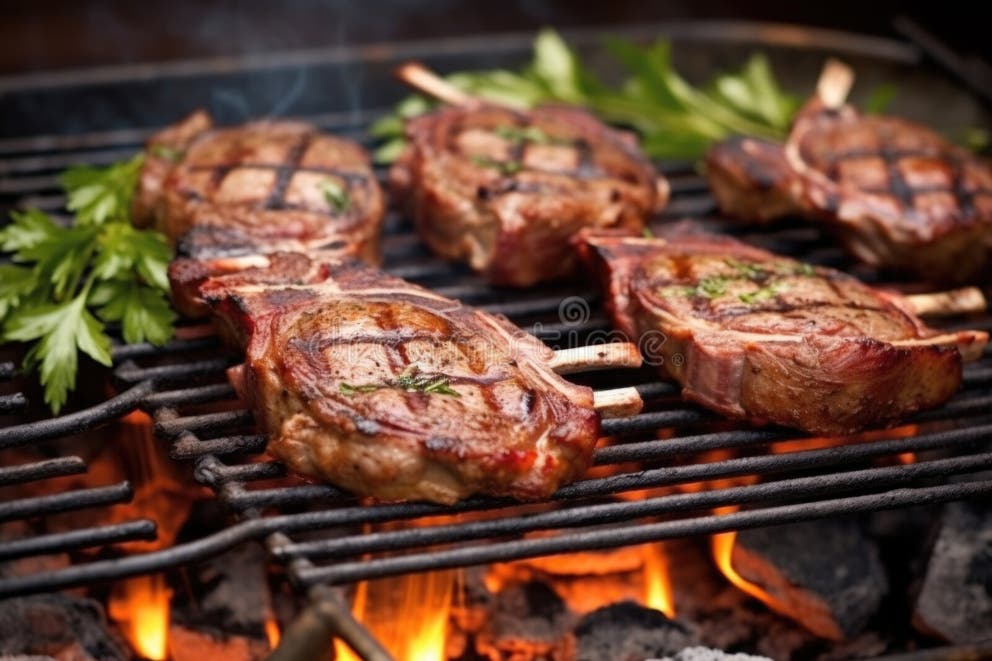 Lamb Chops Sizzling with Rustic Spices on Grill Stock Image - Image of ...