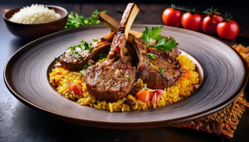 Lamb Chops with Spicy Rice and Vegetables Stock Illustration ...
