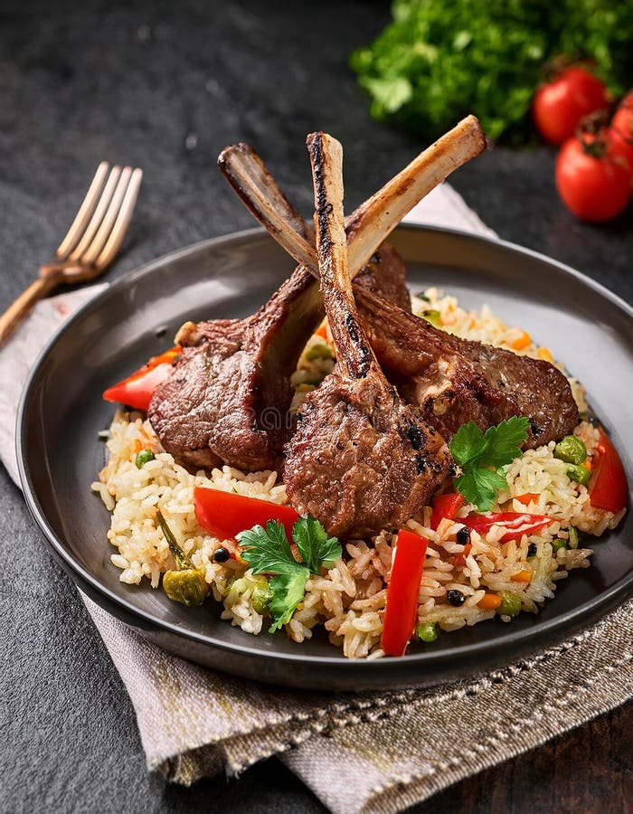 Lamb Chops with Spicy Rice and Vegetables Stock Illustration ...