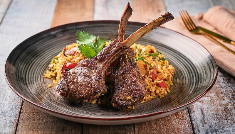 Lamb Chops with Spicy Rice and Vegetables Stock Illustration ...