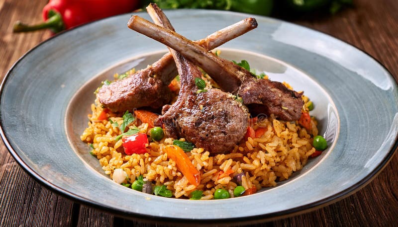 Lamb Chops with Spicy Rice and Vegetables Stock Illustration ...
