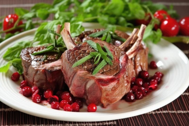 Lamb Chops Under Garnish on a Ceramic Plate Stock Image - Image of ...