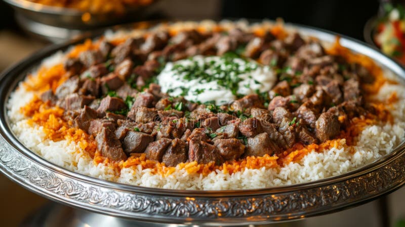 Lamb Cubes Served Over Rice with a Creamy Yogurt Topping Stock ...