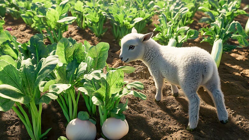 A Lamb Exploring a Vegetable Garden, with Rows of Green Plants and a ...