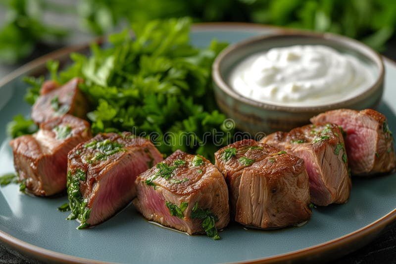 Lamb Fillet with Mint Yoghurt on Table. Stock Photo - Image of food ...