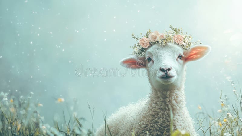 Lamb with Floral Crown in Meadow, Sweet and Festive Easter Scene ...