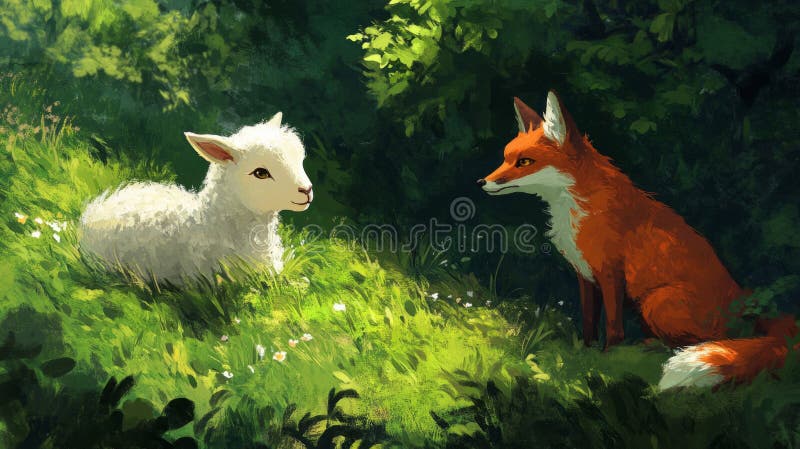 Lamb and Fox in a Sunny Forest Glade Stock Illustration - Illustration ...