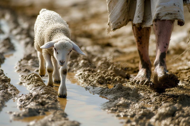 The Lamb and Jesus is Walking Out of the Mud. Generative AI Stock ...
