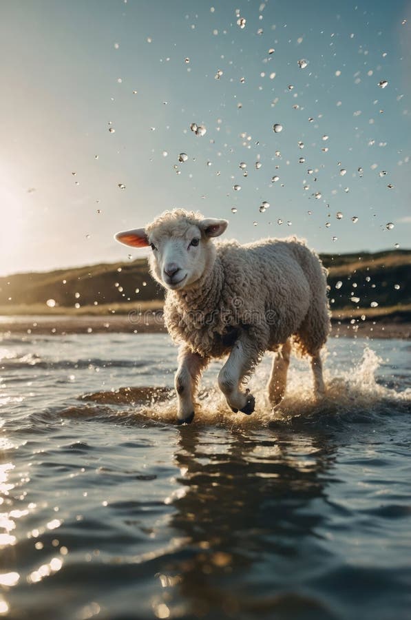 Adorable Lamb Playing in Water at Sunset Stock Illustration ...