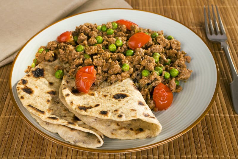 Lamb Keema Curry with Peas and Chapati Stock Image - Image of lamb ...