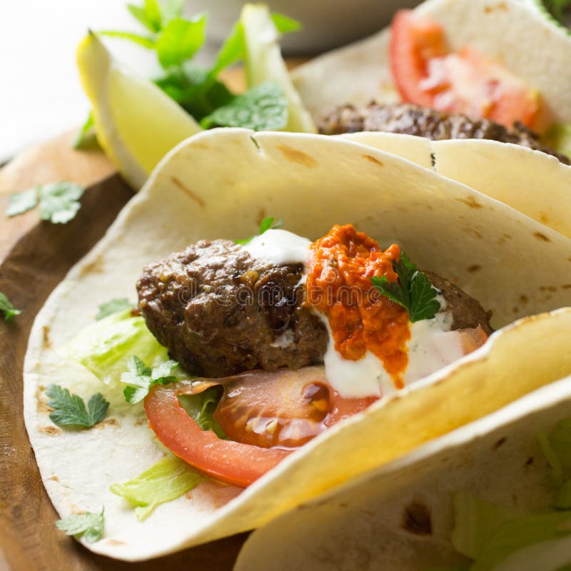 Lamb kofta wraps stock image. Image of grill, food, bread - 150690825
