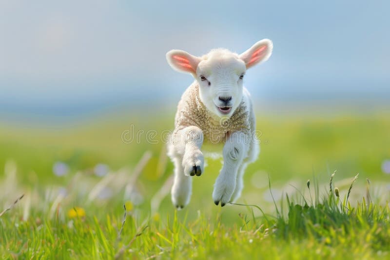 A Lamb Leaping through the Air in a Lush, Grassy Field Stock Image ...