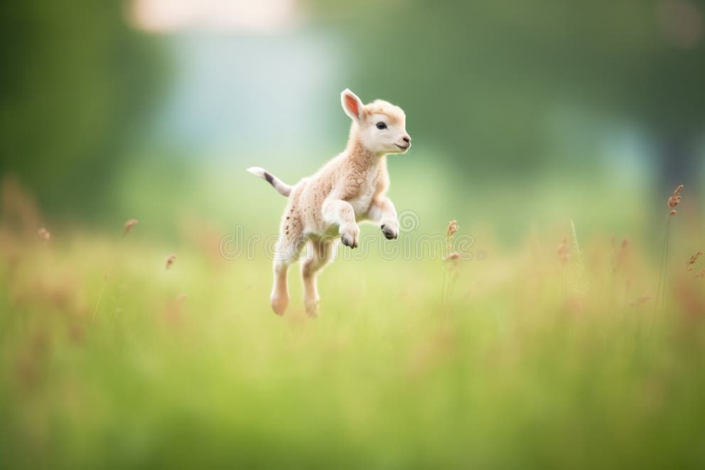 Lamb leaping in a meadow stock photo. Image of green - 301946414