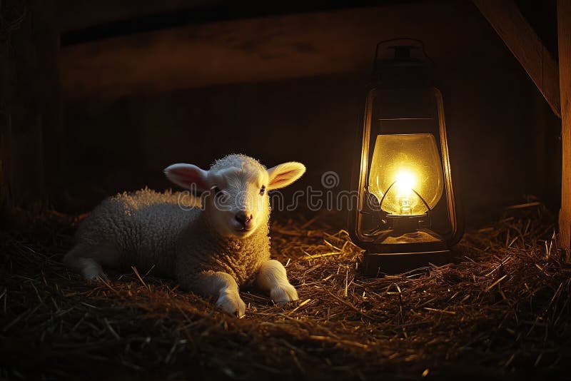 The Lamb Lies on the Straw by the Light of a Lamp. Stock Illustration ...