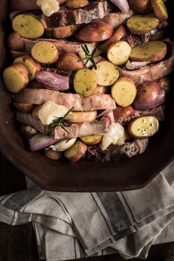 Lamb Loin Chops with Vegetables in Rustic Clay Dish Prepared for ...