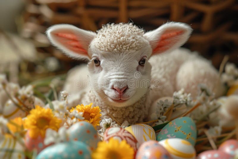 Lamb Resting among Easter Eggs Stock Photo - Image of hunt, festive ...
