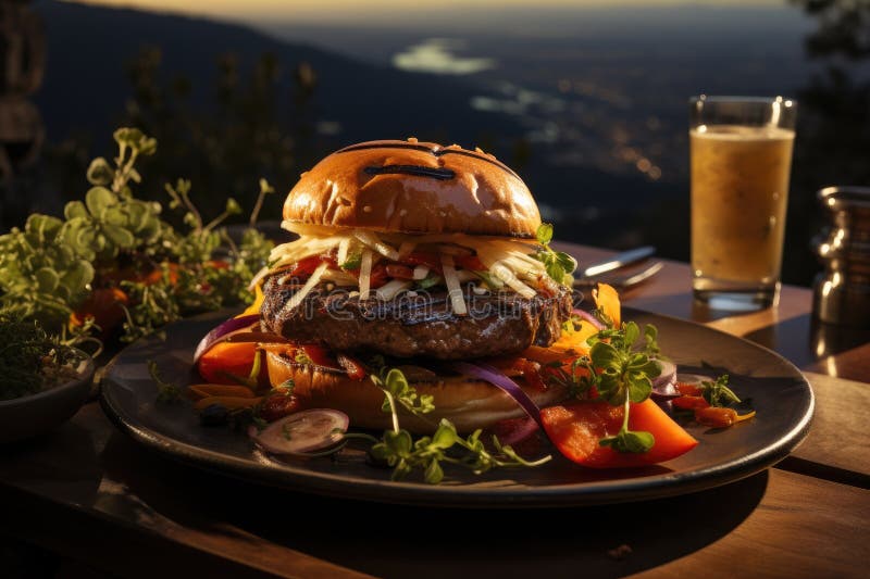 A Lamb Meat Hamburger in a Mountain Edge Restaurant., Generative IA ...