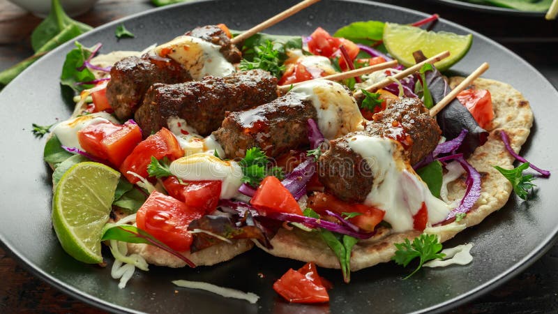 Lamb Mint Kebabs with Flatbread, Mix of Vegetables, Lime and Greek ...