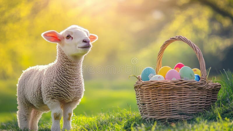Lamb Near Easter Basket with Eggs, Festive Light and Joy. Easter Stock ...