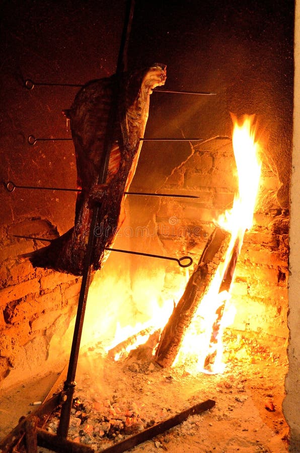 Lamb Near Fire Slow Cooked Barbecue Firewood Stock Image - Image of ...