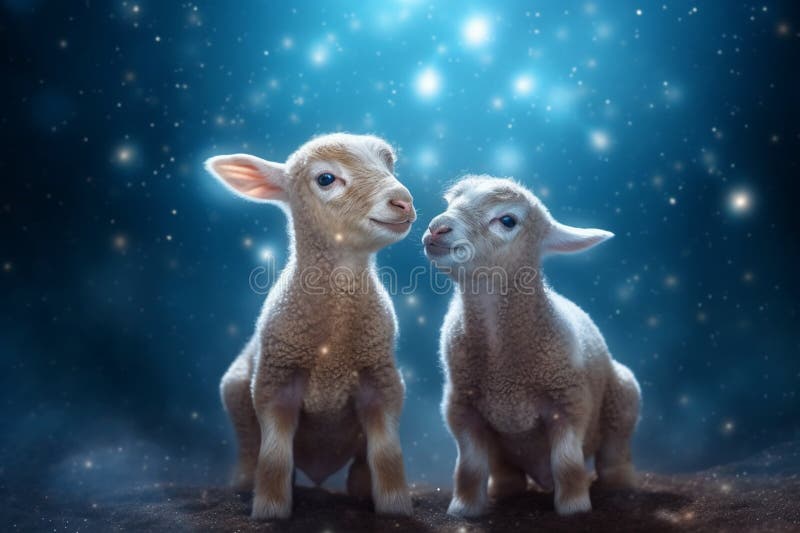 Lamb Pair, Illuminated by a Starry Blue Backdrop and Lantern Stock ...