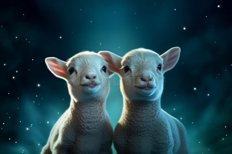 Lamb Pair, Illuminated by a Starry Blue Backdrop and Lantern Stock ...