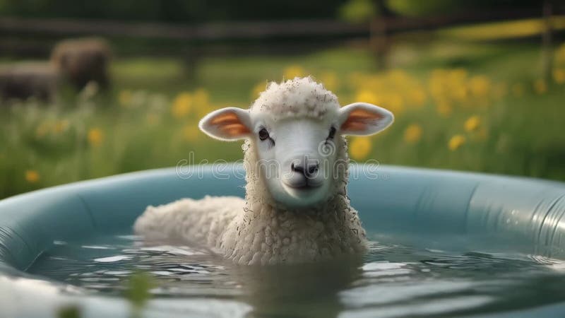 Lamb Relaxing in Water Pool Stock Footage - Video of pool, baby: 376317294
