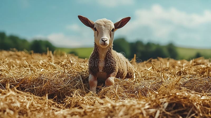 Lamb Resting Hay Field Sunny Day Farm Stock Photo - Image of sunny ...