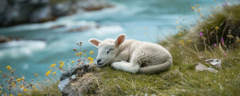 Lamb Resting by a Mountain Stream Stock Photo - Image of lamb ...