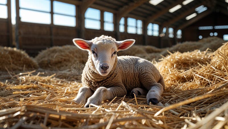 Lamb Resting on Straw Bedding in Open Barn with Sunlight Shining in ...
