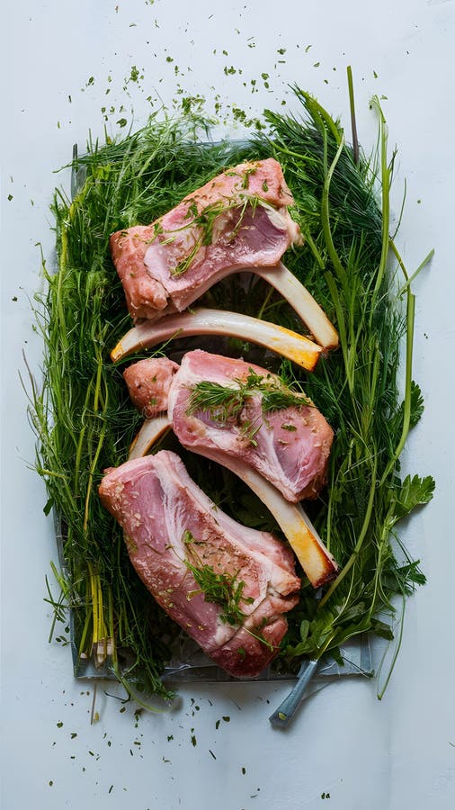 Lamb Ribs and Herbs Isolated on White, Culinary Composition Stock Image ...