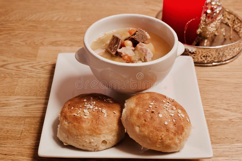 Lamb Ribs Soup with Fresh Bread Rolls Stock Photo - Image of meal ...