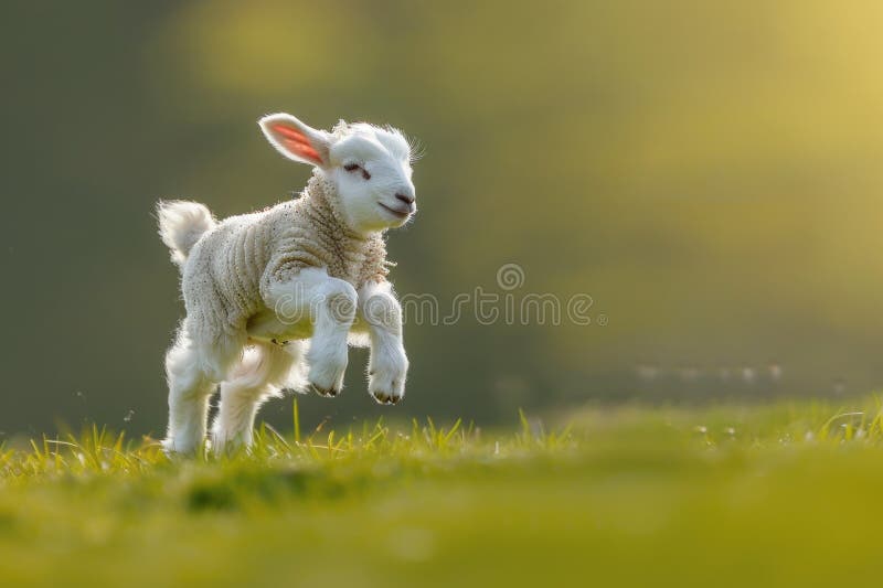 A Lamb Running Across a Lush Green Field with Flowers and Grass Stock ...