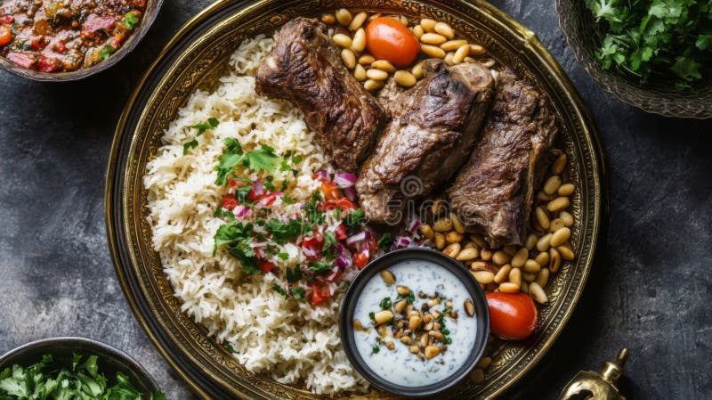 Lamb Shanks Served with Rice Beans and a Yogurt Sauce Stock ...