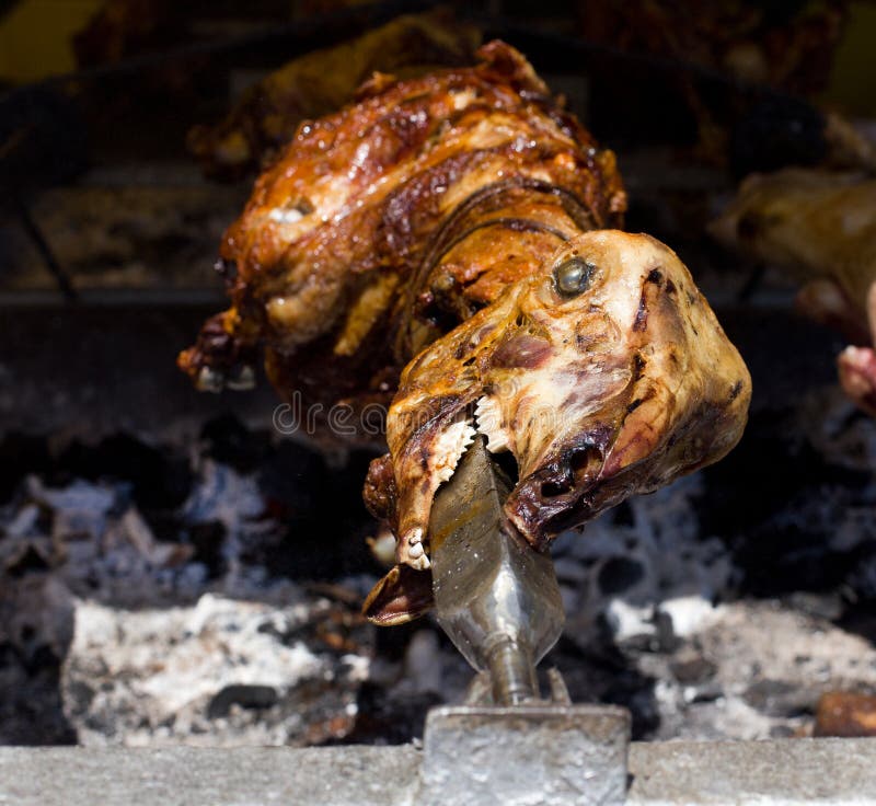 Crispy Whole Roasted Lamb On Barbecue Spit Stock Photo - Image of ...
