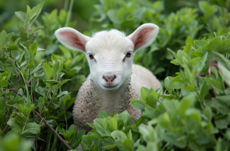 Lamb Standing in Bushes, Looking at Camera Stock Image - Image of grass ...