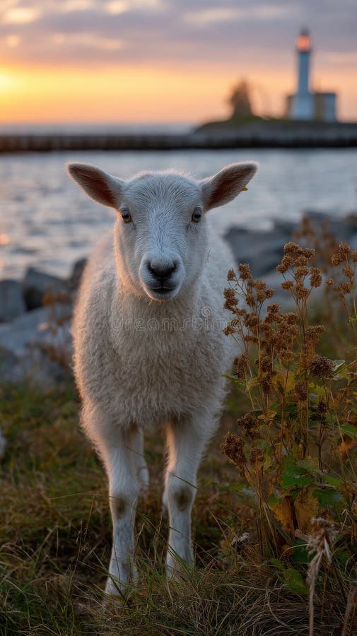 Lamb Standing by Coastal Grasses with Lighthouse at Sunset Stock Image ...