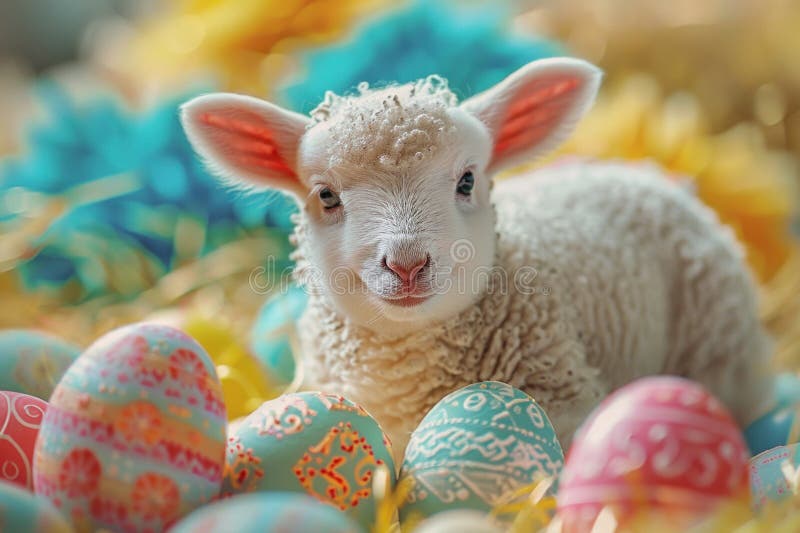 Lamb Standing in Pile of Decorated Eggs Stock Photo - Image of ...