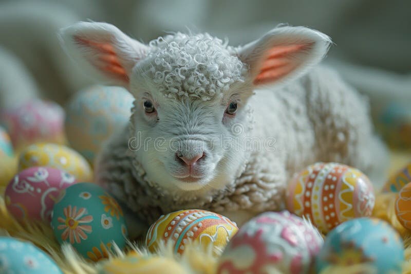Lamb Surrounded by Easter Eggs Stock Photo - Image of eggs, adorable ...